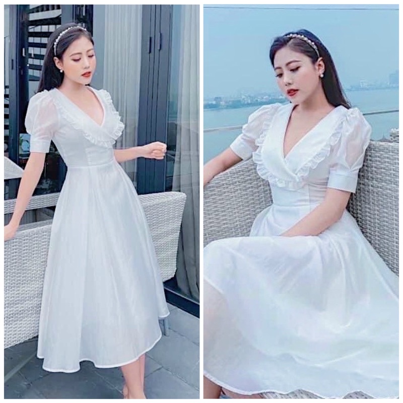 White dress with ruffled collar and flared form (with real pictures ...