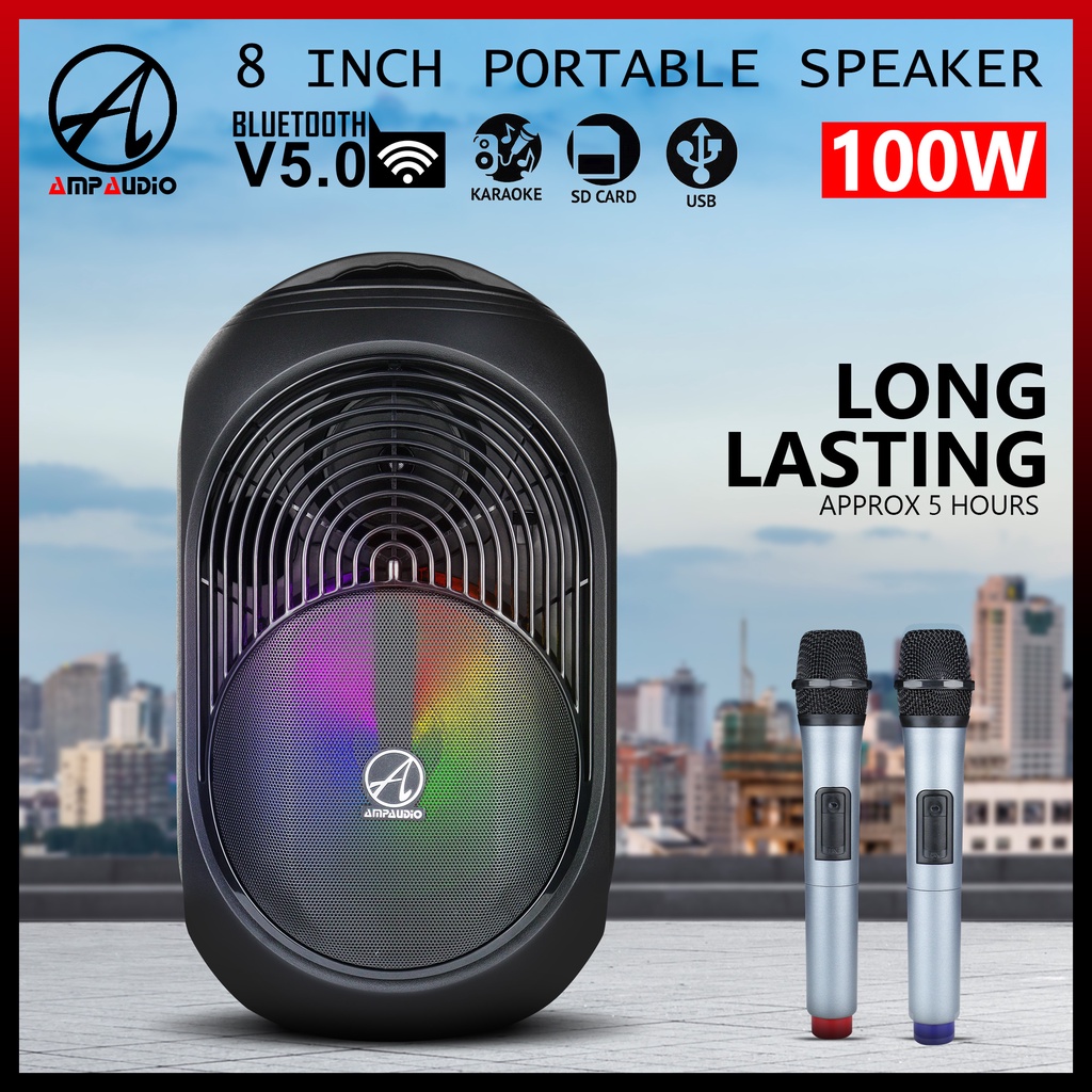 Ampaudio 8 inch Portable Bluetooth Portable Speaker with Wireless Mic ...