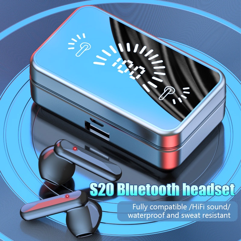 S20 Bluetooth Earphone Wireless Earbud 蓝牙耳机 With Microphone For iPhone Mirror Digital Display ...