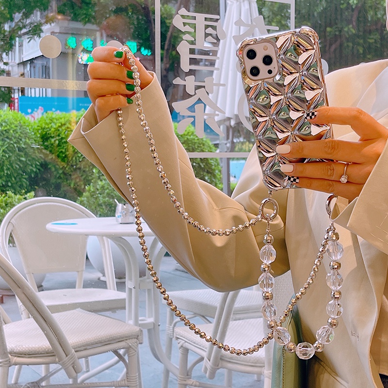 Luxury Korean Rhombus Metal Beads Bracelets Chain Case with Lanyard Case for iPhone 11 12 13 14 ...