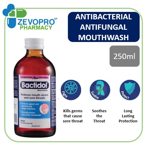 Bactidol Sore Throat & Ulcers Fast Relief Mouthwash (250ml) EXP: 2/2027 ...