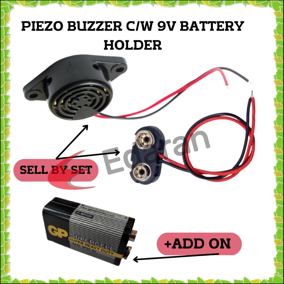 PIEZO ELECTRONIC BUZZER BEEP TONE ALARM C/W 9V BATTERY HOLDER / 9V ...