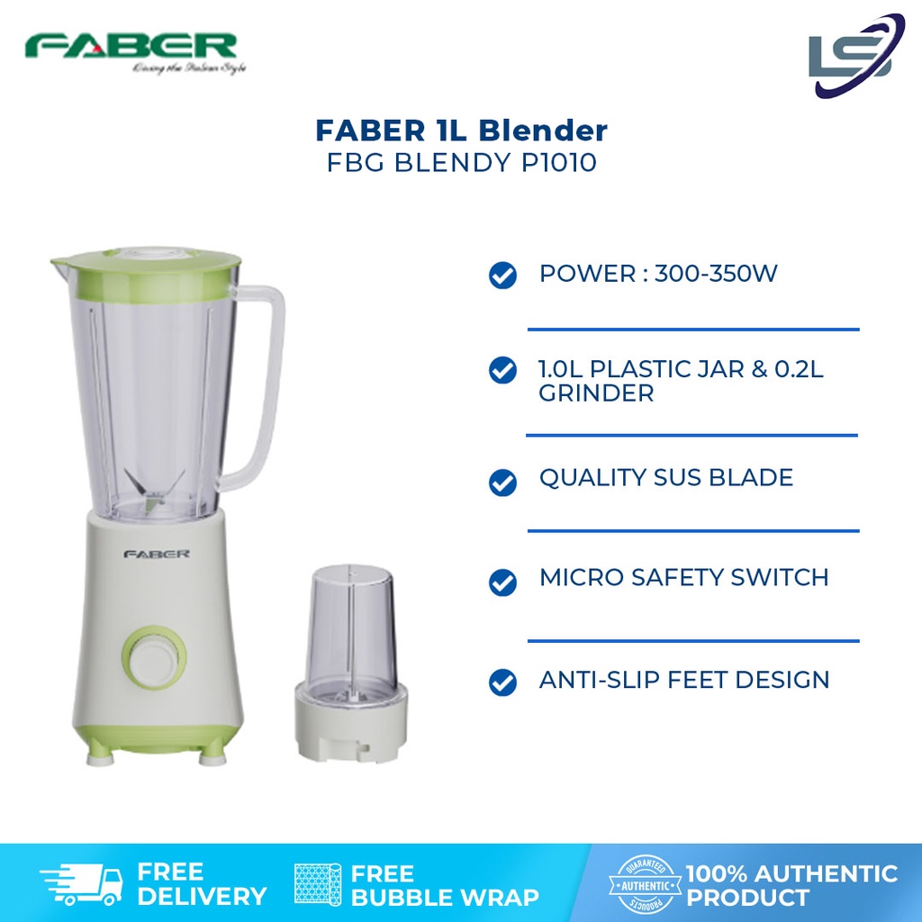 FABER 1L Blender FBG BLENDY P1010 | 1.0L Plastic Jar & 0.2L Grinder | Micro Safety Switch | Anti ...