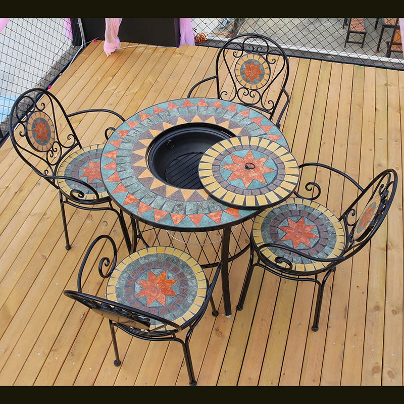 Outdoor barbecue table garden home mosaic wrought iron barbecue grill ...