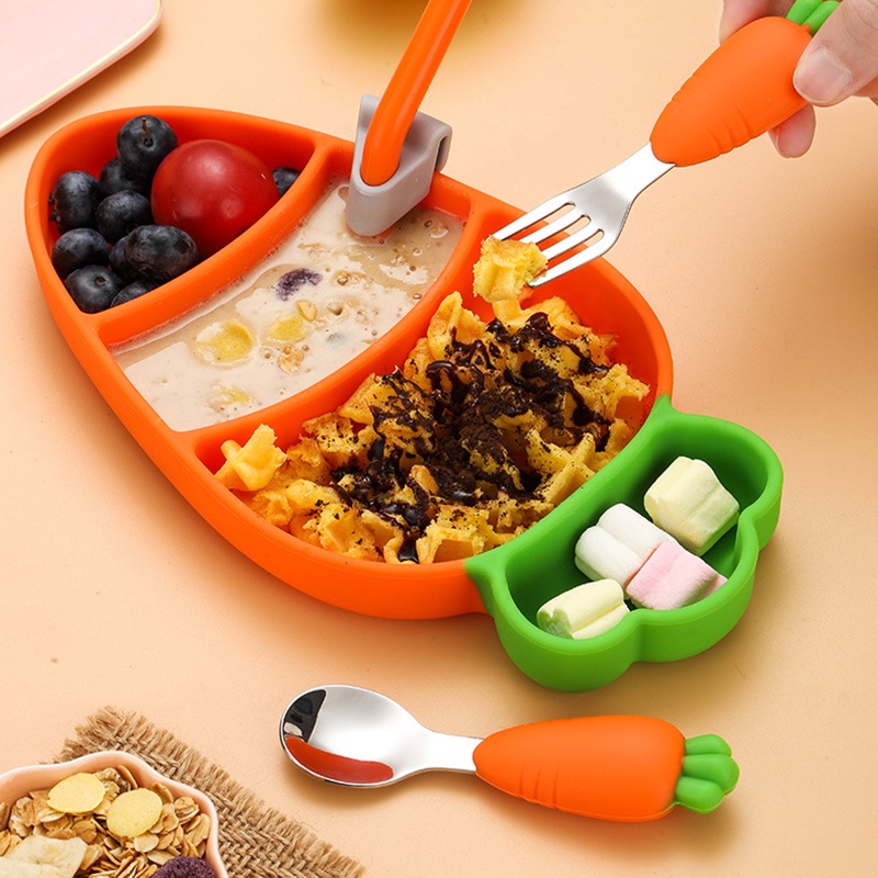 (For Babies) Carot silicone baby feeding tray with spoon, fork and ...