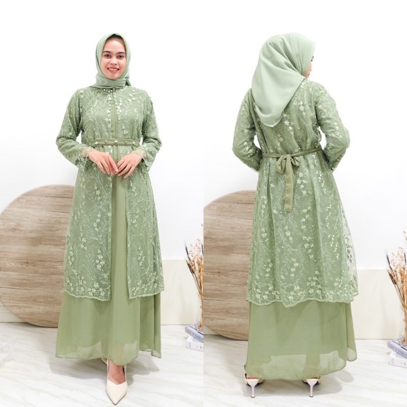 ADA JUMBO / GAMIS SAGE GREEN LATEST MODEL AULIA 2 IN 1 MAXI DRESS OUTER ...