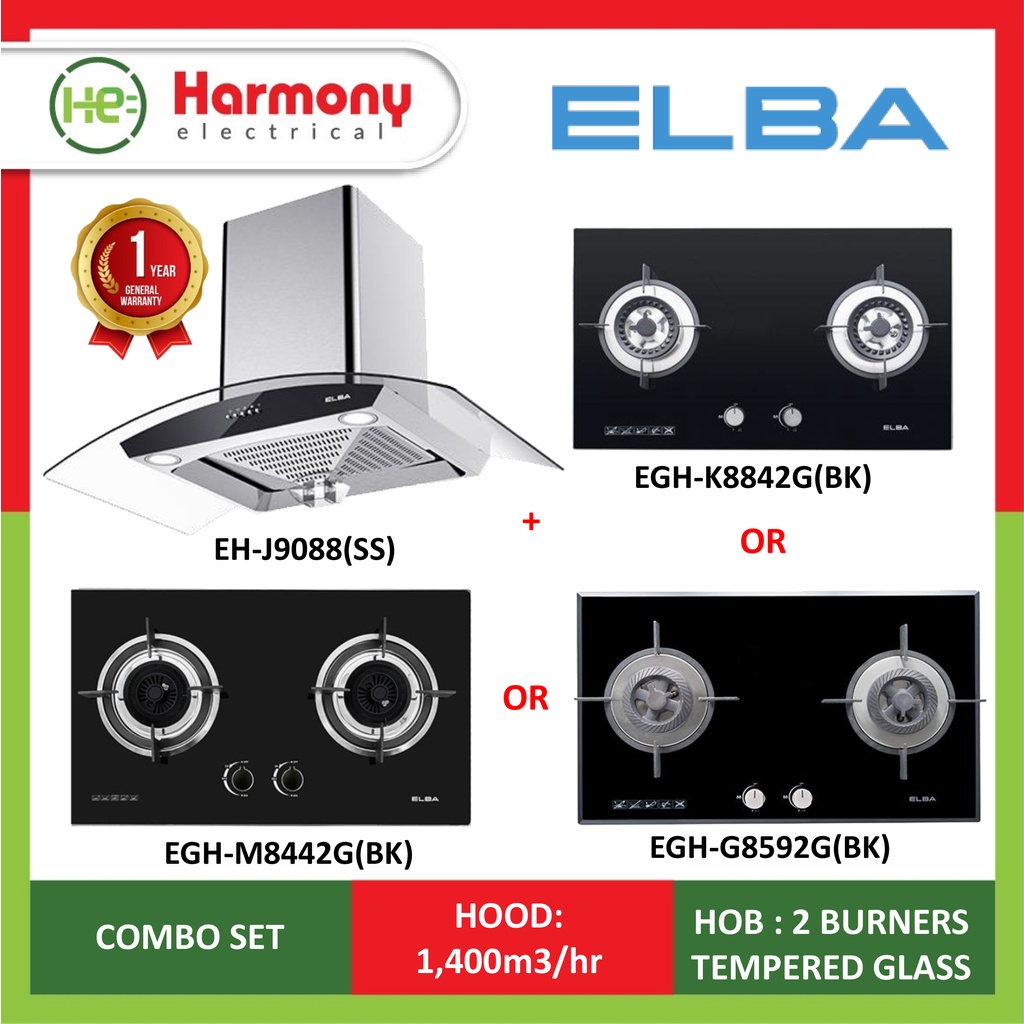 ELBA INFINITO EH-J9088(SS) 1,400m3/hr Cooker Hood + ELBA 2 Burners Gas Cooker EGH-K8842G(BK ...