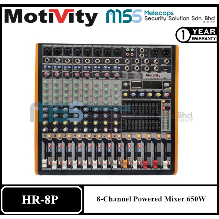 MOTIVITY HR8P 8-Channel Powered Mixer 650W 40HMS x 2 With USB Playback ...