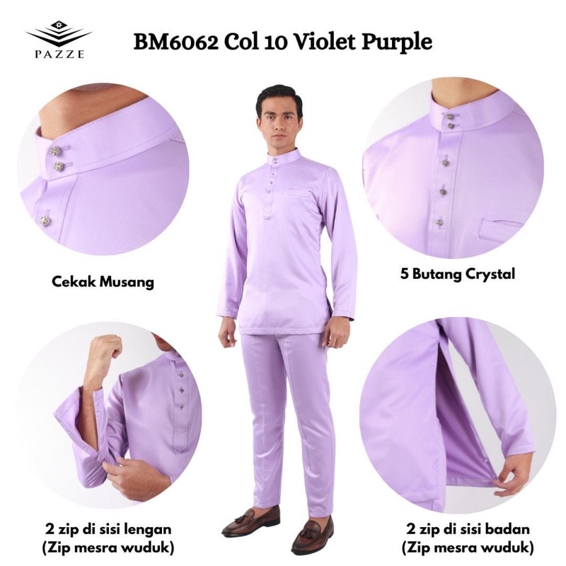 (SATIN MATTE) Premium Violet Purple Baju Melayu Modern Slim Fit (Dual ...