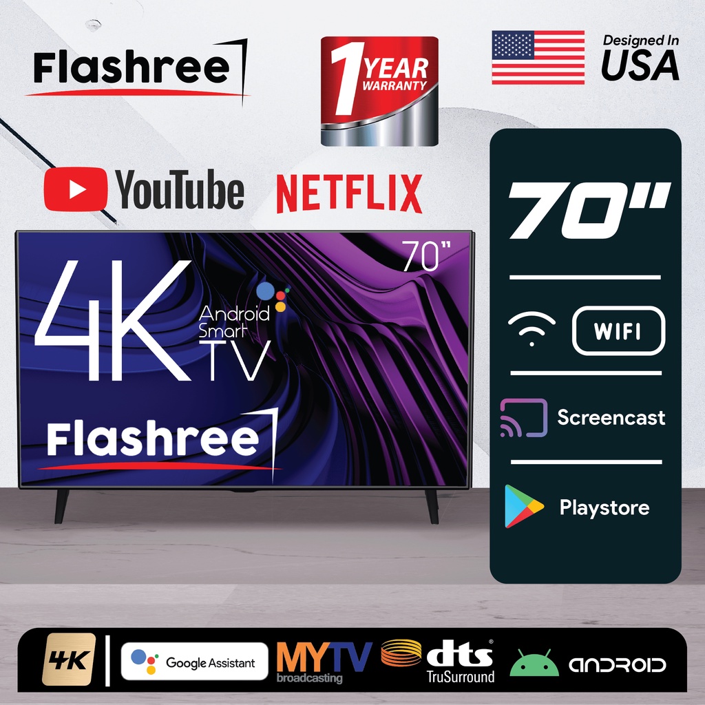 Flashree Smart TV 70 inch 4K UHD Android TV Google Assistant 70" Slim ...