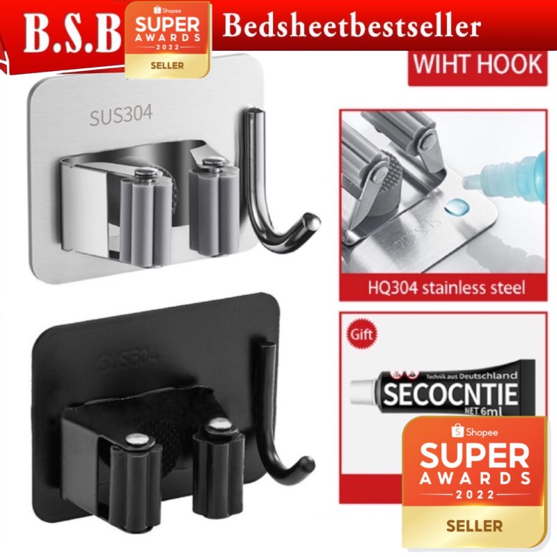 BSB New Vesion 304 Stainless Steel Mop Holder and Hook Broom Hanger ...