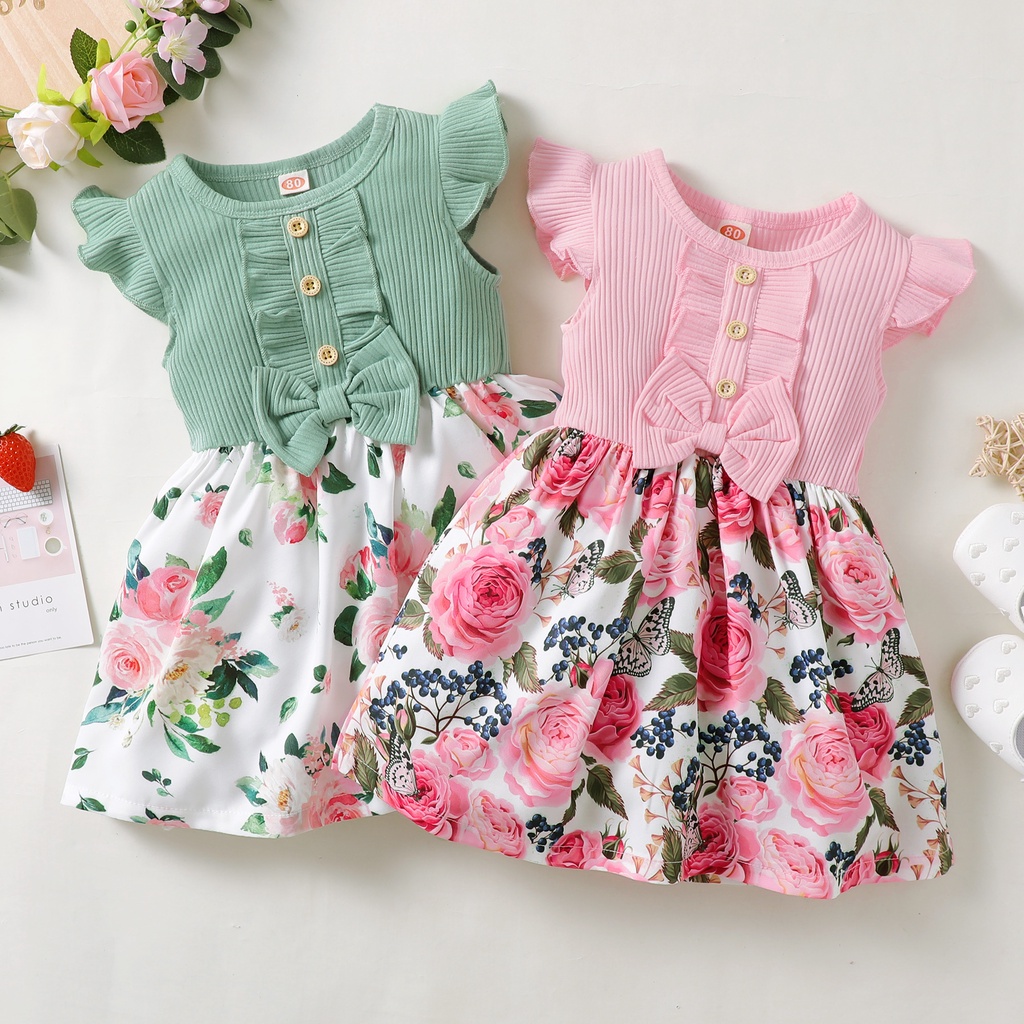 1-5 Years Kids Girl Clothes Fly Sleeves Flower Princess Barbie Powder ...