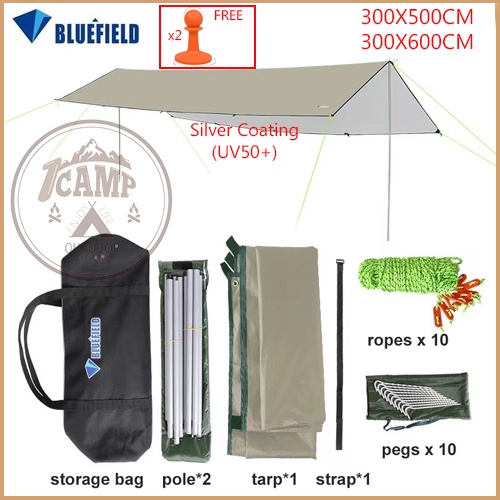 Bluefield Flysheet Waterproof with Support Pole Rope Peg FlySheet Tarp ...