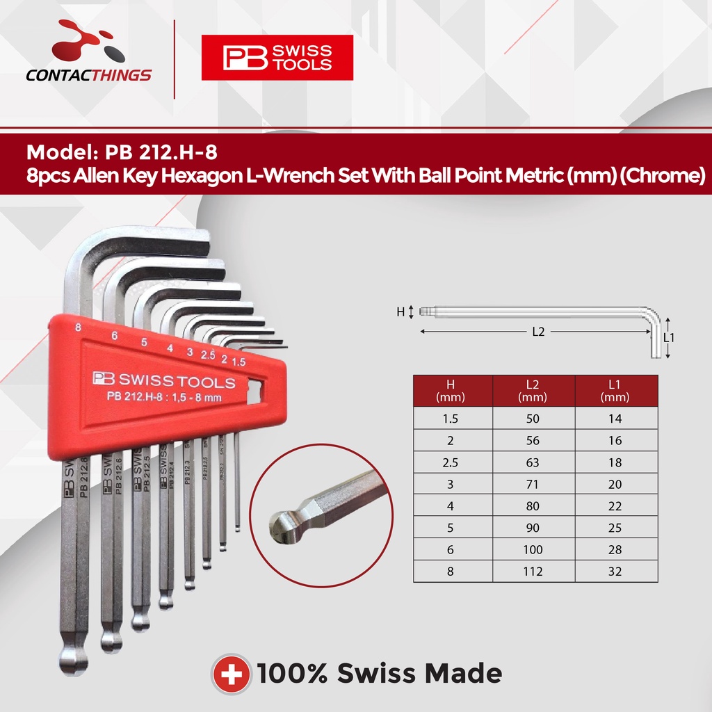 PB SWISS TOOLS 8pcs Allen Key Hexagon L-Wrench Set With Ball Point Metric (mm) (Chrome) PB 212.H ...