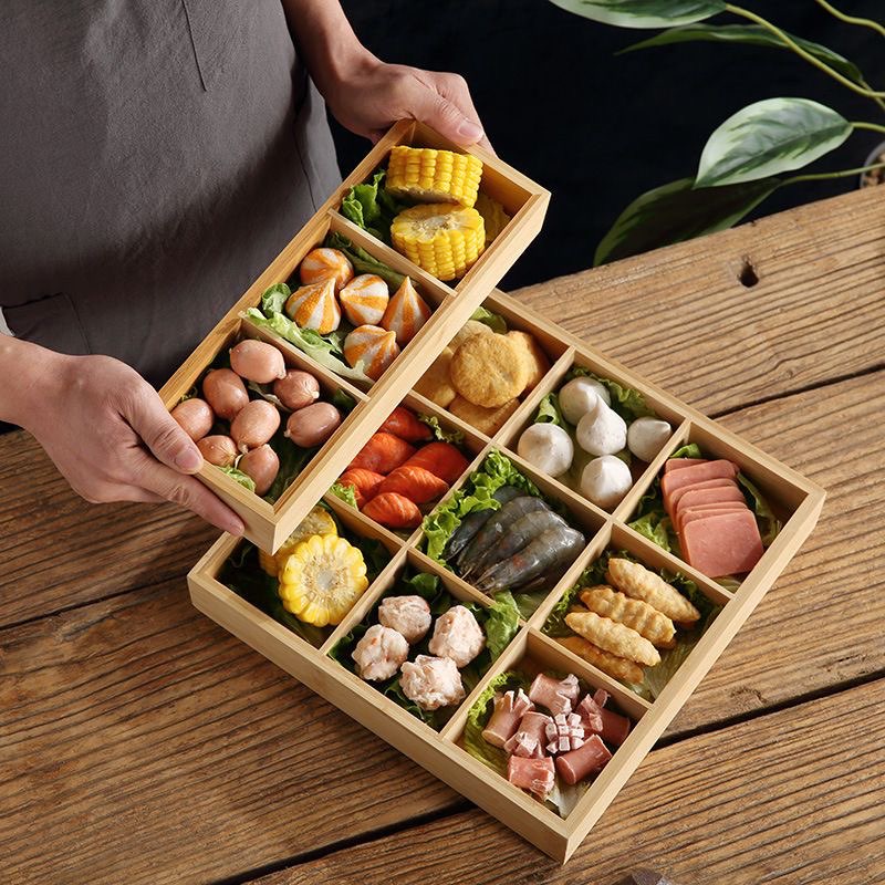 3/6/9 Grids Steamboat Hotpot Plate Bamboo Wood Box Tray Hotel ...