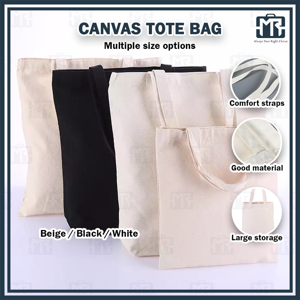 (Beige/White/Black)MR Canvas Tote bag Cotton Plain Color shoulder ...