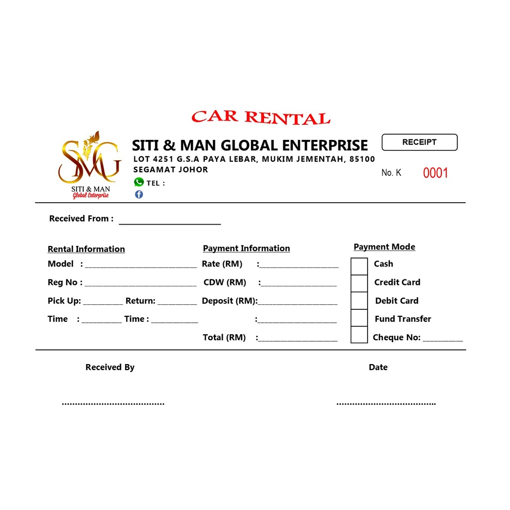 BUKU BIL RESIT KERETA SEWA RENTAL CAR BOLEH LETAK NAMA KEDAI NCR DAH ...