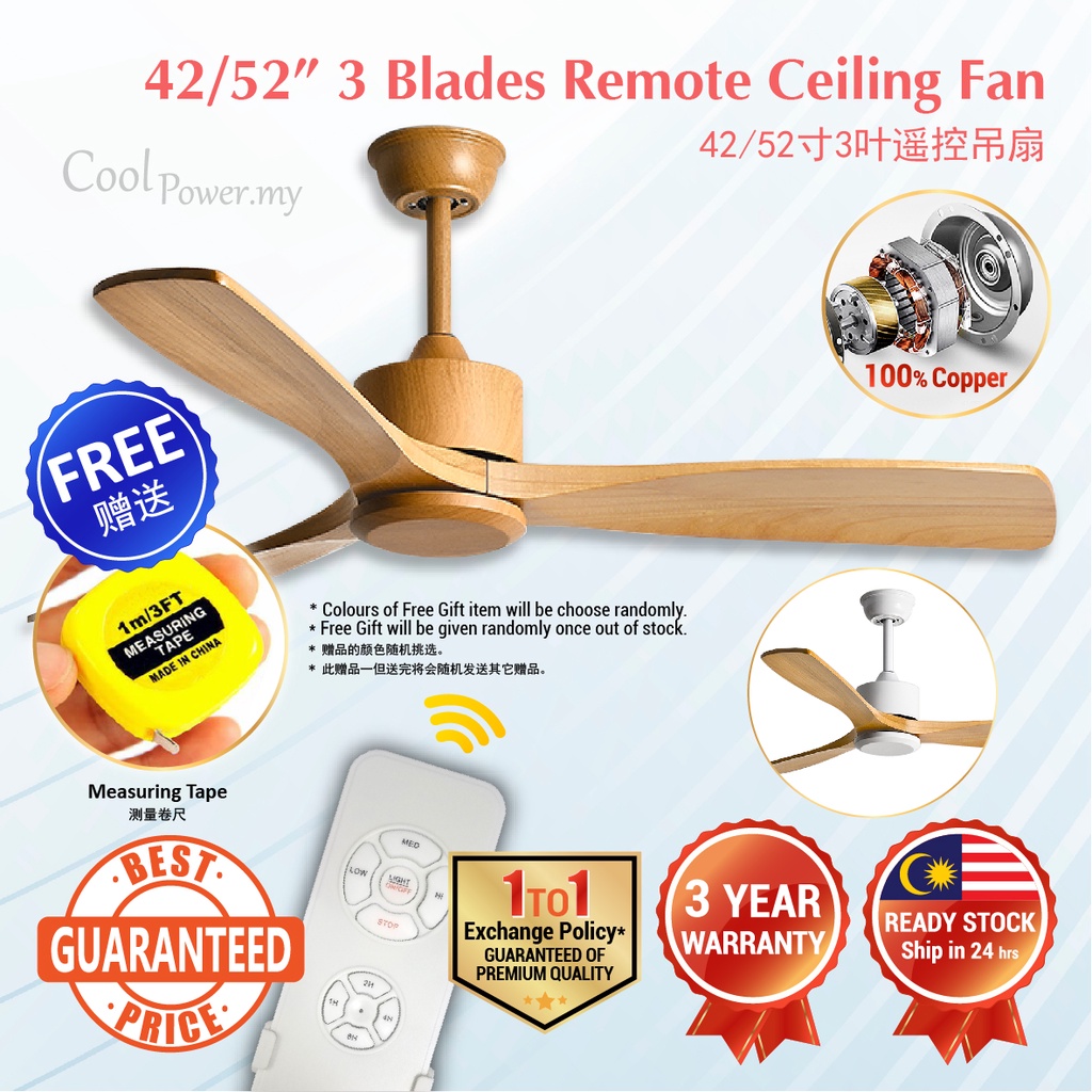 COOL POWER 42/52" Bedroom 3 Blades Remote Ceiling Fan Kipas Angin ...