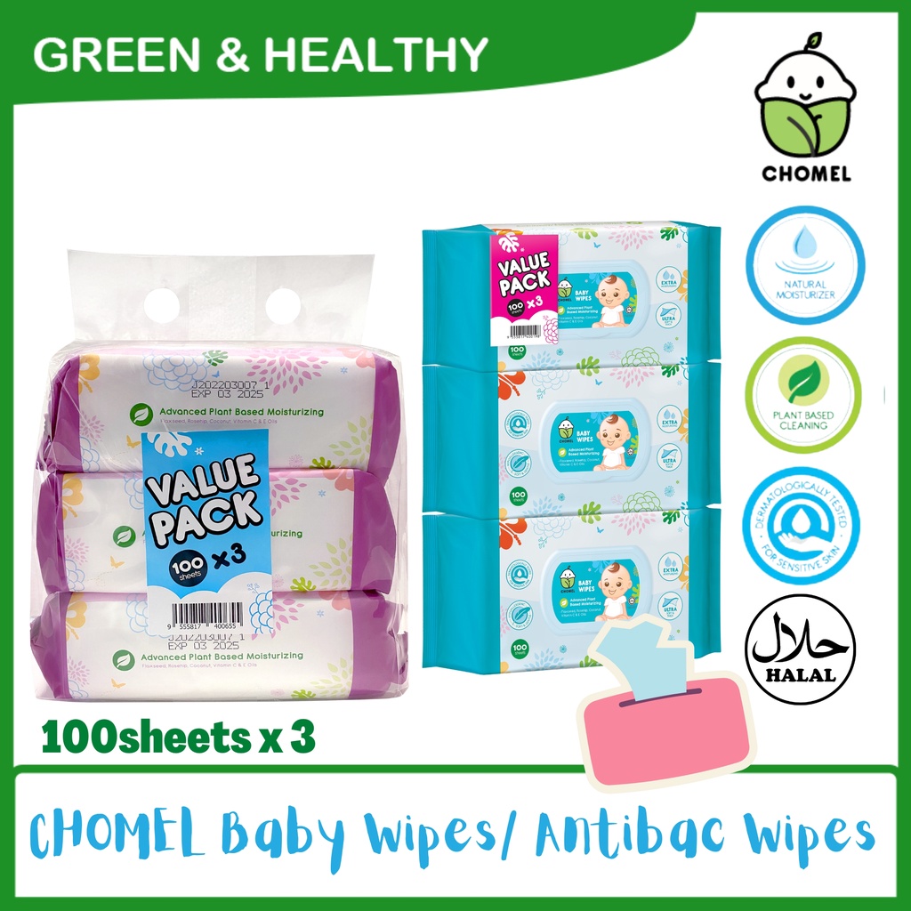 Chomel Baby Wipes / Antibac Wipes 100 sheets x 3 (Value Pack) | Shopee ...