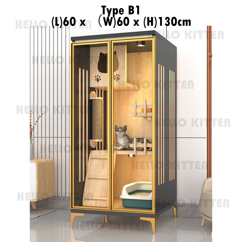 HK Premium Wood Indoor Cat Luxury Villa Cage Tempered Glass Door Extra ...