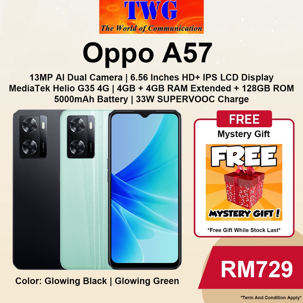 Oppo A57 2022 Smartphone 4GB + 4GB RAM Extended + 128GB ROM 1 Year Oppo Warranty | Shopee Malaysia