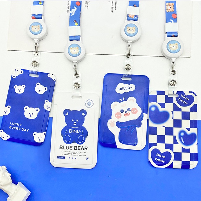 Blue Bear Card Holder with Cute Scalable Lanyard For Campus Cards, Work ...