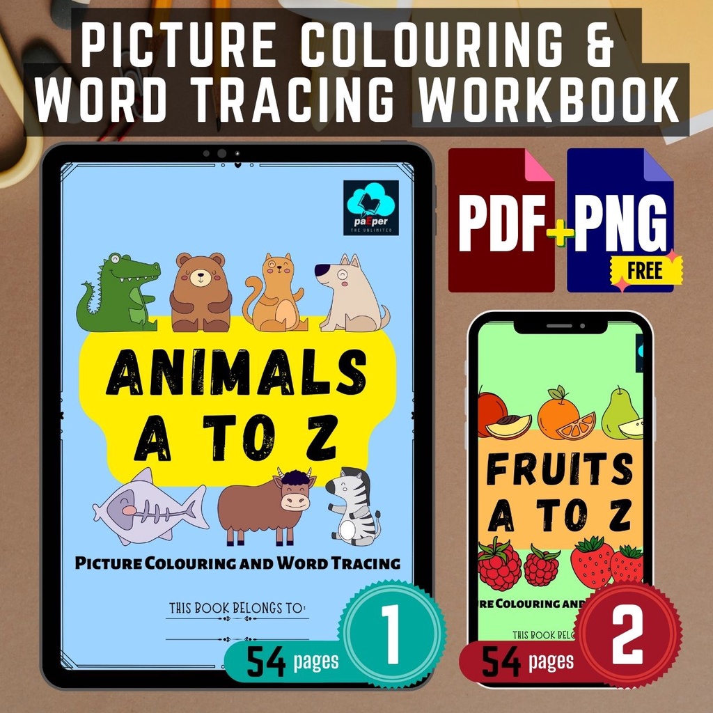Digital Picture Colouring & Word Tracing Worksheet Animals / Fruits A-Z ...