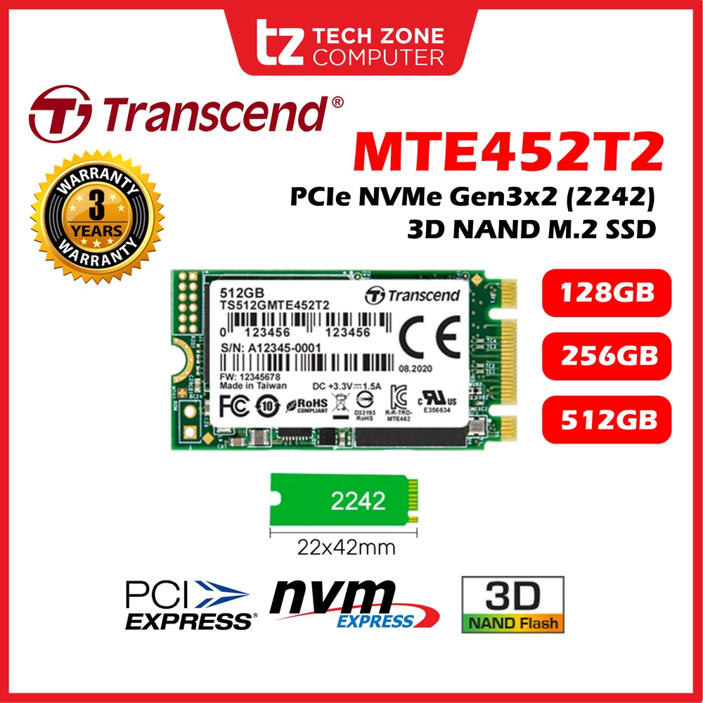 Transcend MTE452T2 M.2 SSD 2242 PCIe NVMe Gen3x2 3D NAND (128GB / 256GB ...