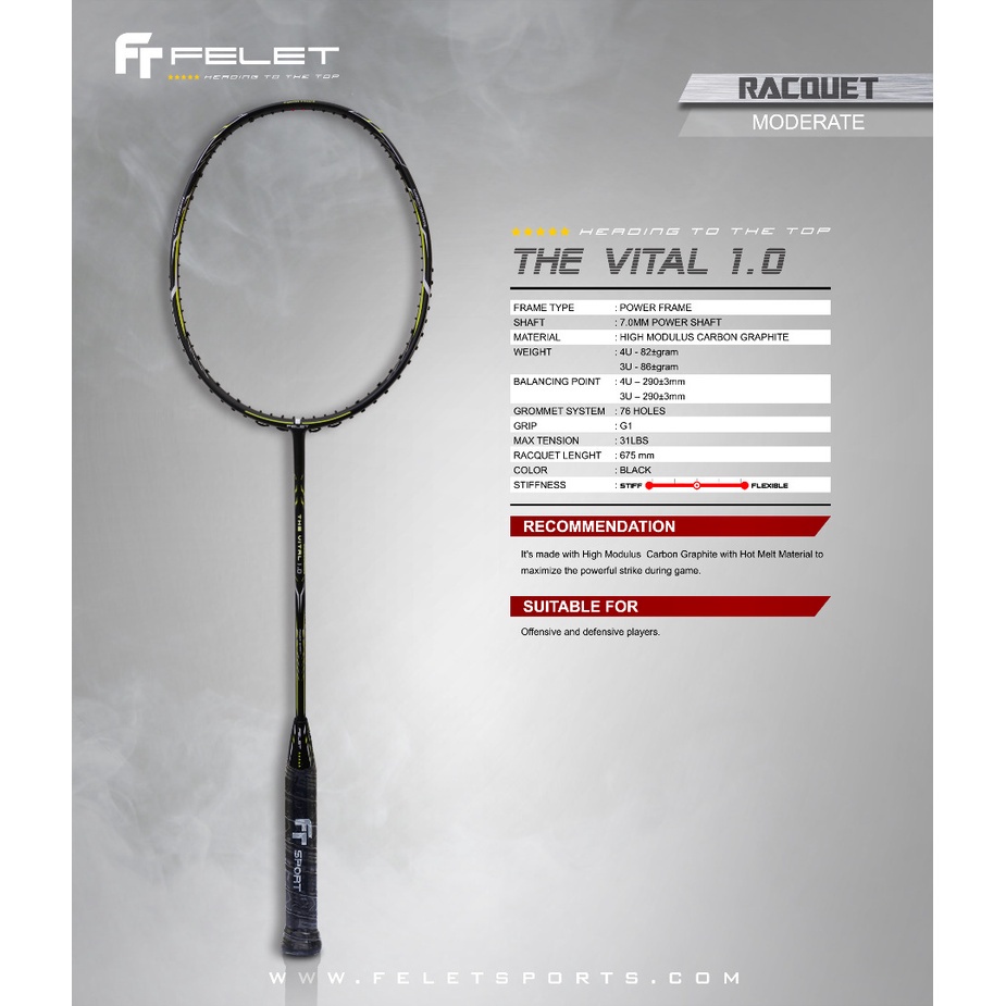 Felet The Vital 1.0 [Install String&Grip] 4u 82gram Racket Badminton ...