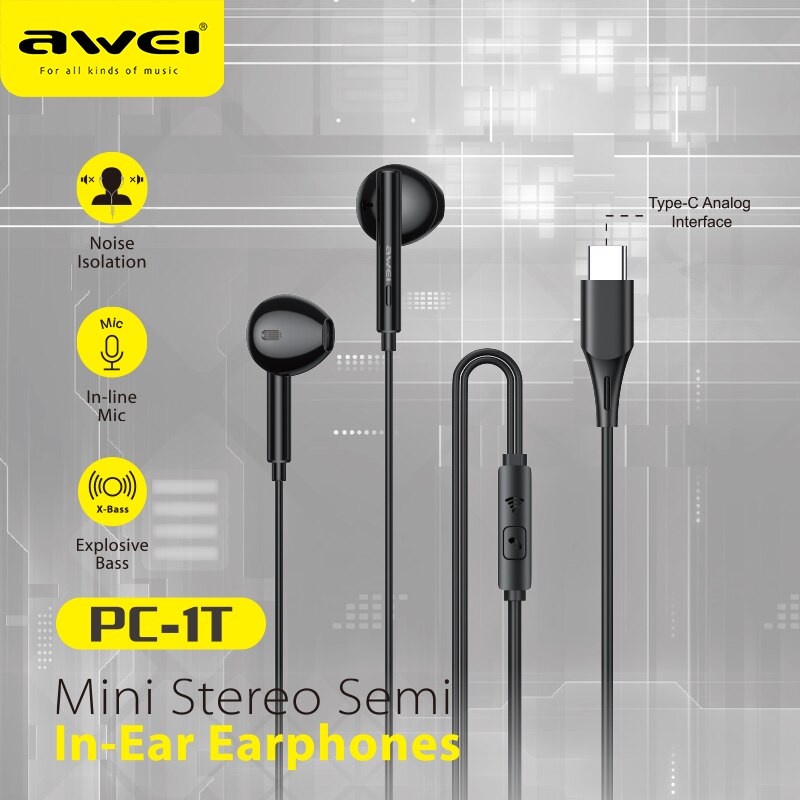 AWEI PC-1T Type C MINI STEREO Headset With Mic Voice 1.2m For Mobile ...
