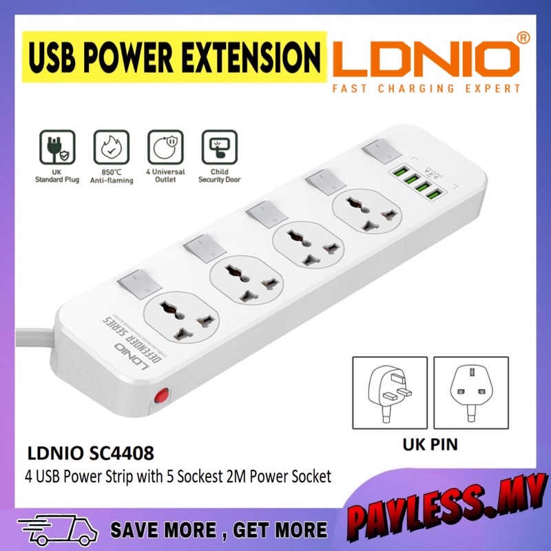 LDNIO SC4408 EXTENSION SOCKET 4 UNIVERSAL POWER SOCKETS 4 USB PORTS ...