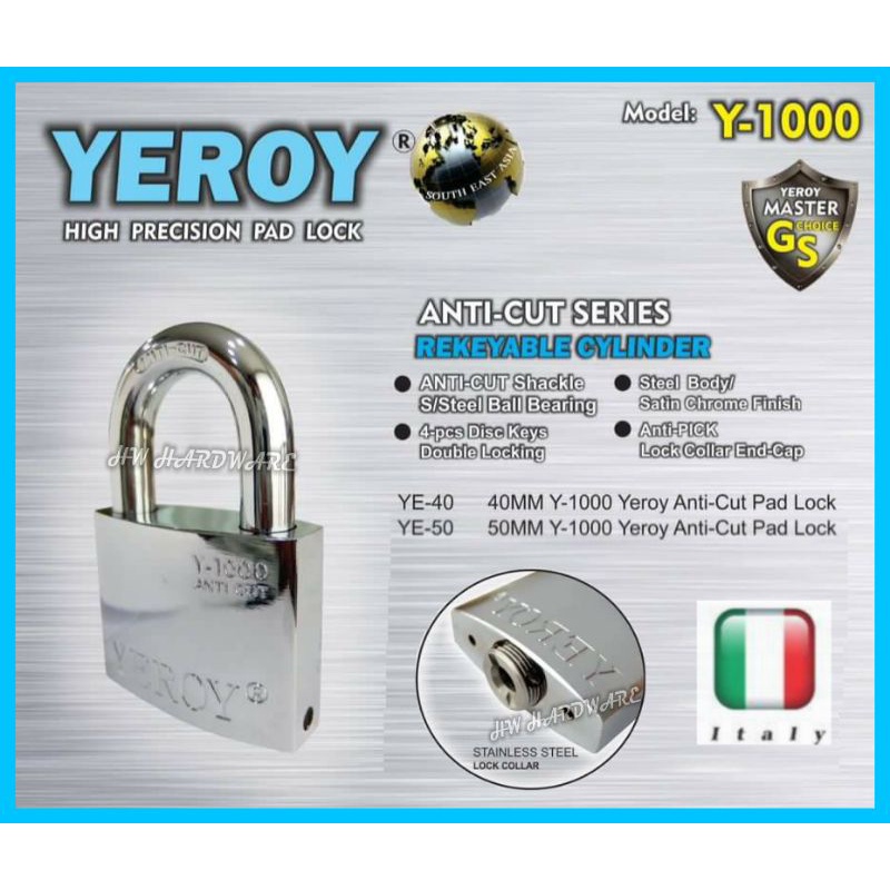 [100% ORIGINAL] YEROY Model Y-1000 (ITALY) 40mm / 50mm Anti-Cut PadLock ...