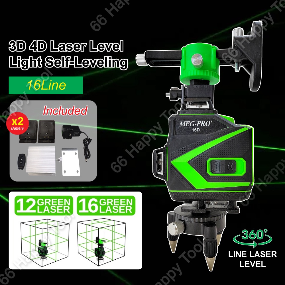 MEG-PRO 3D 4D 12/16 Line 3D Laser Level 360° Green Light Cross Line ...