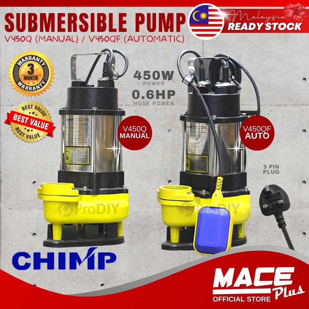 CHIMP V450Q / V450QF Stainless Steel Submersible Water Pump Manual / Auto 450W 0.6HP Garden ...