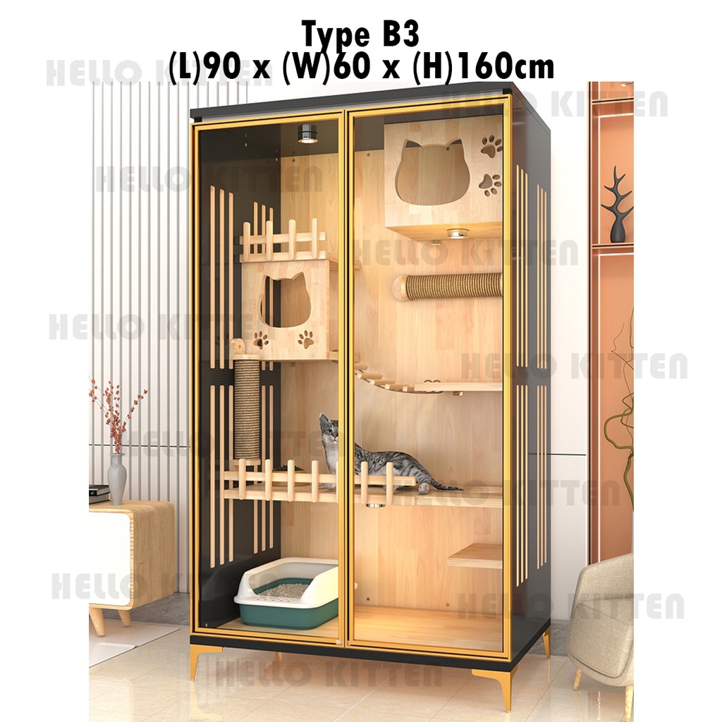 HK Premium Wood Indoor Cat Luxury Villa Cage Tempered Glass Door Extra ...