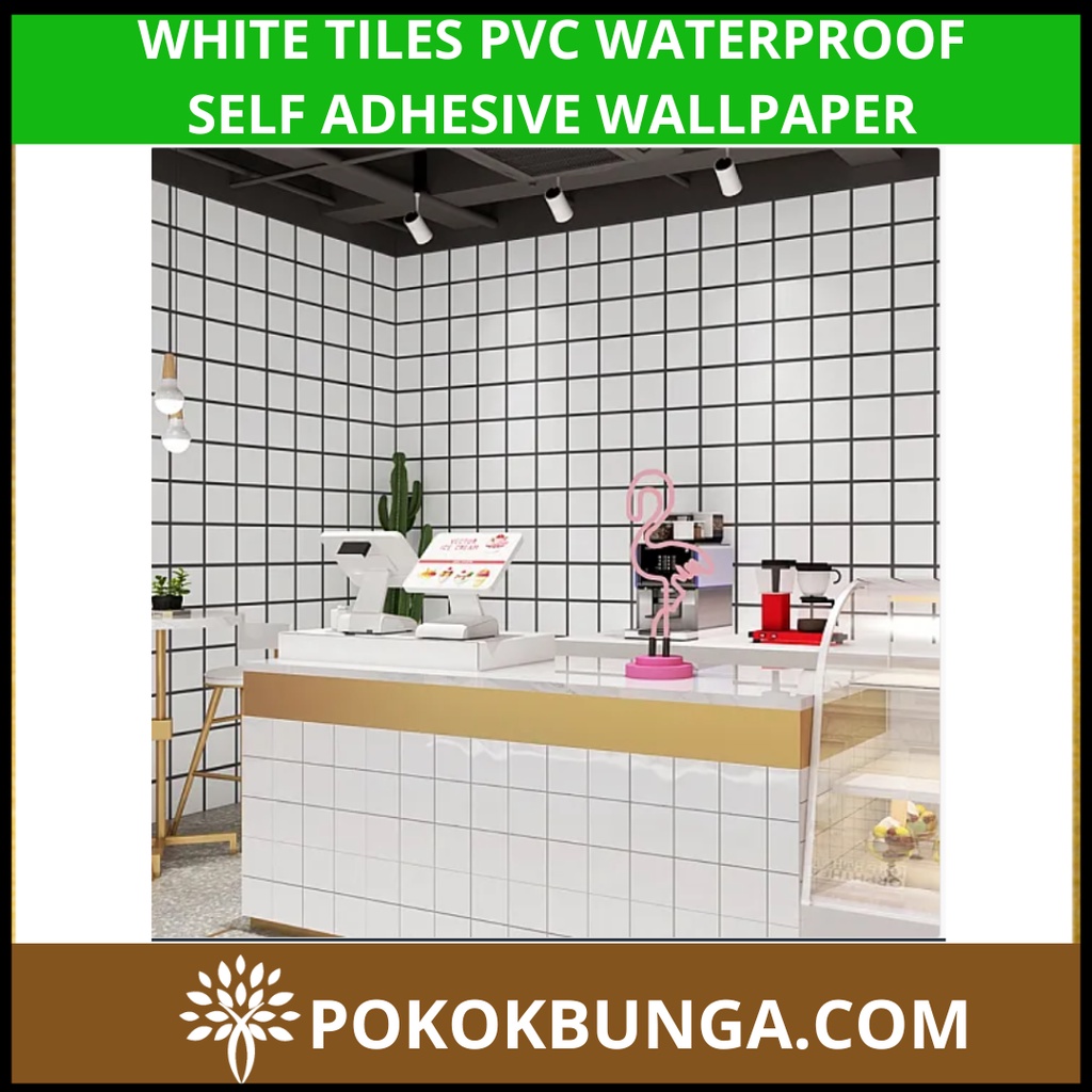 60cm x 50meter White Tiles PVC Waterproof Wallpaper Wall Sticker Kertas ...