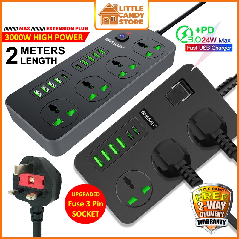 2M Power Socket Extension Plug Quick Charge PD Charger 3000W Power ...