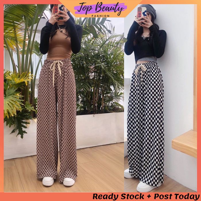 Women High Waist Wide Leg Pants Ice Silk Thread Printing Pants ...