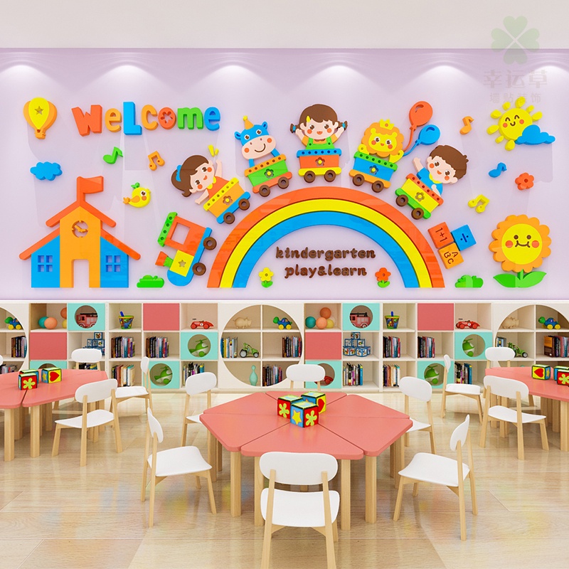 Welcome children rainbow wall stickers acrylic three-dimensional 3D wallpaper self-adhesive wall ...