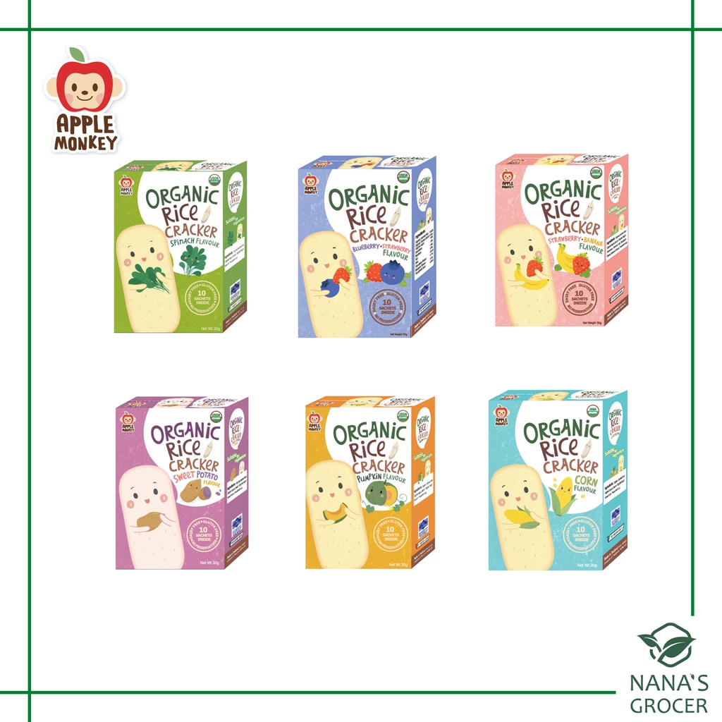 【Apple Monkey】Organic Rice Cracker 30g baby cracker biscuit all flavour ...