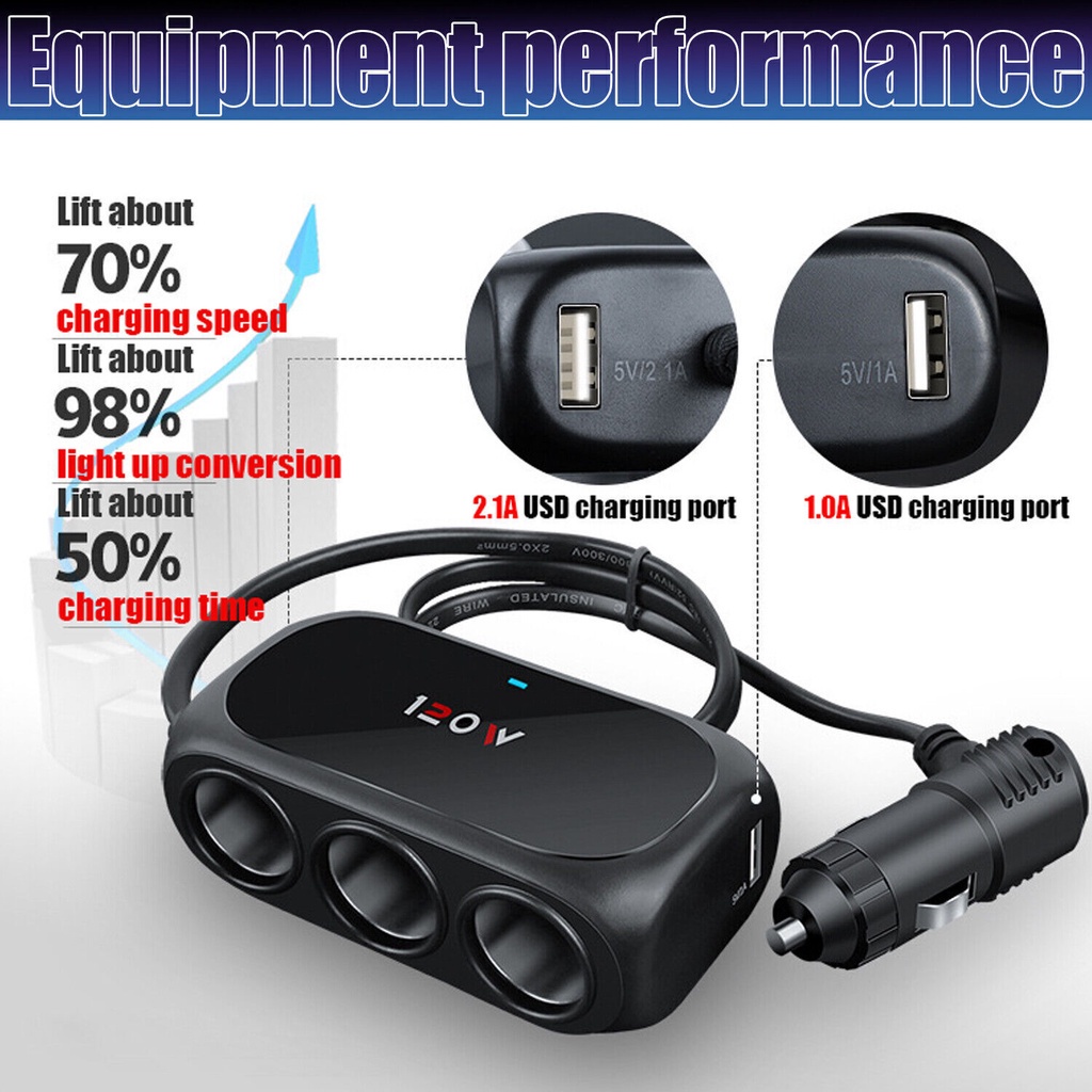 Car Power Adapter USB Charger 3-Socket Cigarette Lighter 5v 3 Port Tiga ...