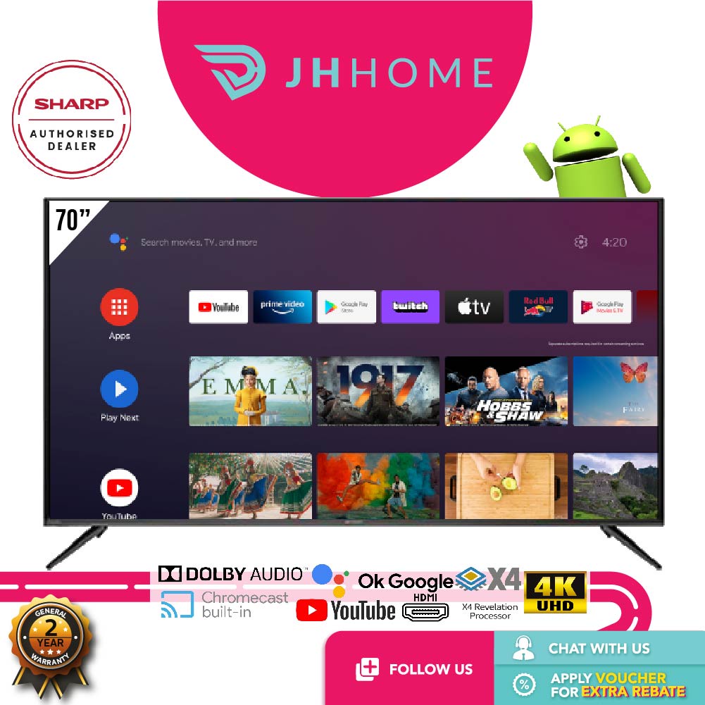 Sharp 70 Inch 4K UHD AQUOS Android TV 4TC70DK1X | 4TC70BK1X | Google ...