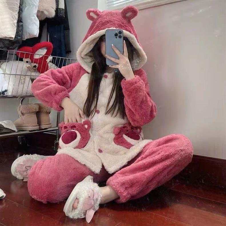 Wide form Embroidered Bear Fur Pajamas, Cute Winter Sleeper Set With ...