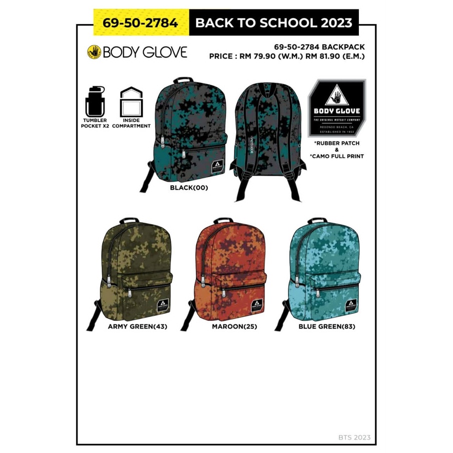 Body Glove Backpack Bag 6950-2784 Series or Beg Sekolah Jenama Body ...