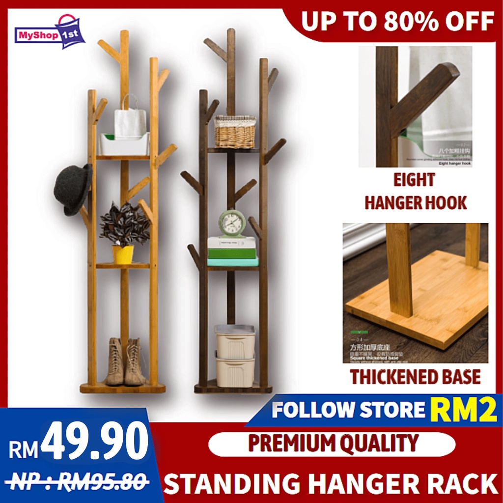 Bamboo Rak Baju Standing Hat and Coat Rack Free Standing Hanger Rack ...