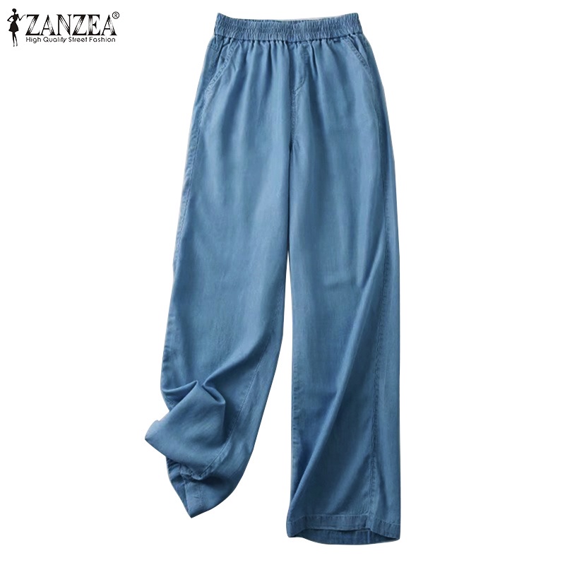 Zanzea Women Casual Side Pockets Elastic Waist Wide Leg Long Pants