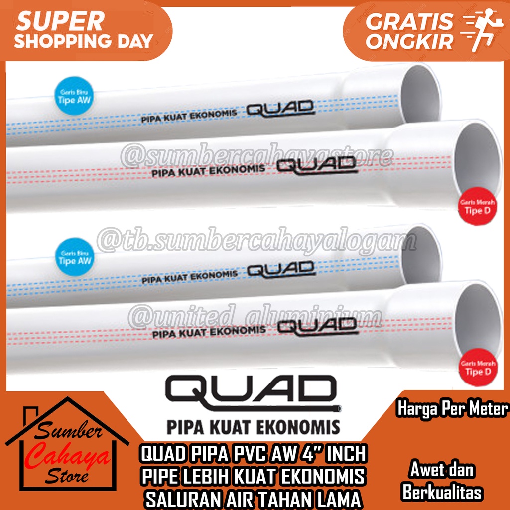 PUTIH Quad PVC PIPE AW 4" INCH PIPE Stronger Economical Durable Water ...
