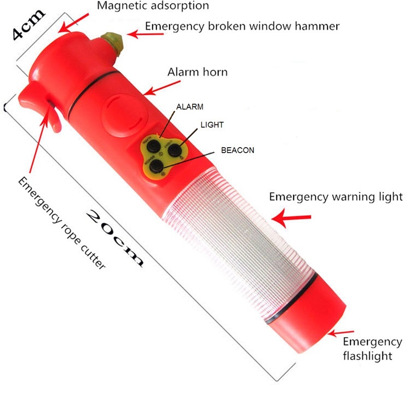 6IN1 Multi-function LED Strobe Light Beacon Torch Safety Hammer Alarm ...