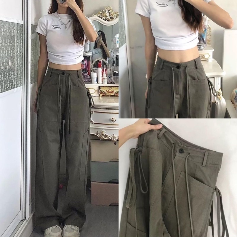 Khaki Cargo Pants High Back With CHIN CHIN Black / White / Moss unisex ...