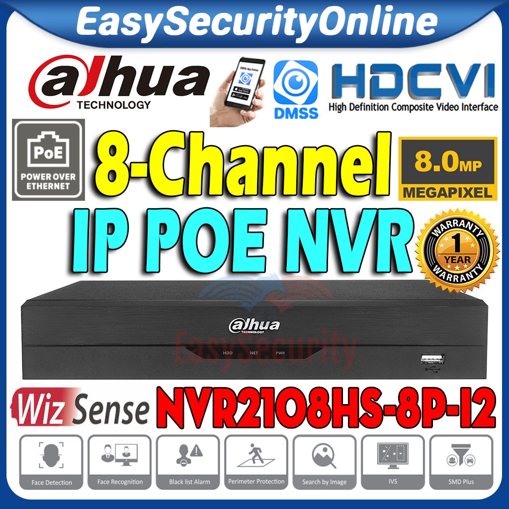 Dahua POE DHI-NVR2108HS-8P-I2 8-Channel 8CH Ultra HD 4K 2160P VGA/HDMI NVR CCTV Support UP TO ...
